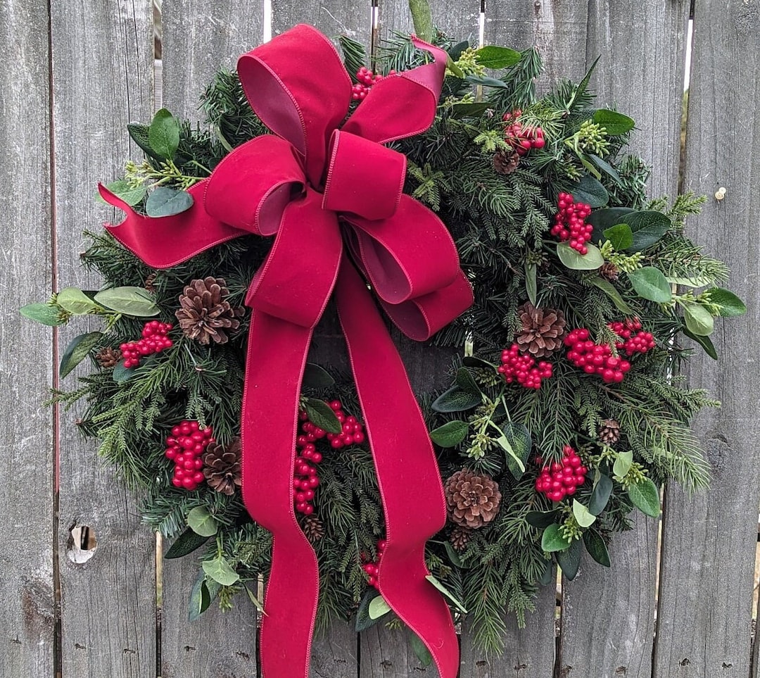 Christmas Wreaths Traditional Christmas Deep Brick Red Velvet Bow