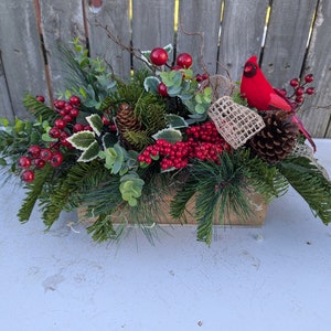 Christmas Centerpiece, Cardinal Evergreen Crate, Flower Crate ...