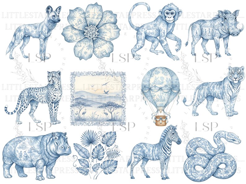 Watercolor Blue Toile Safari Animals Clipart, French Nursery Decor (40 ...