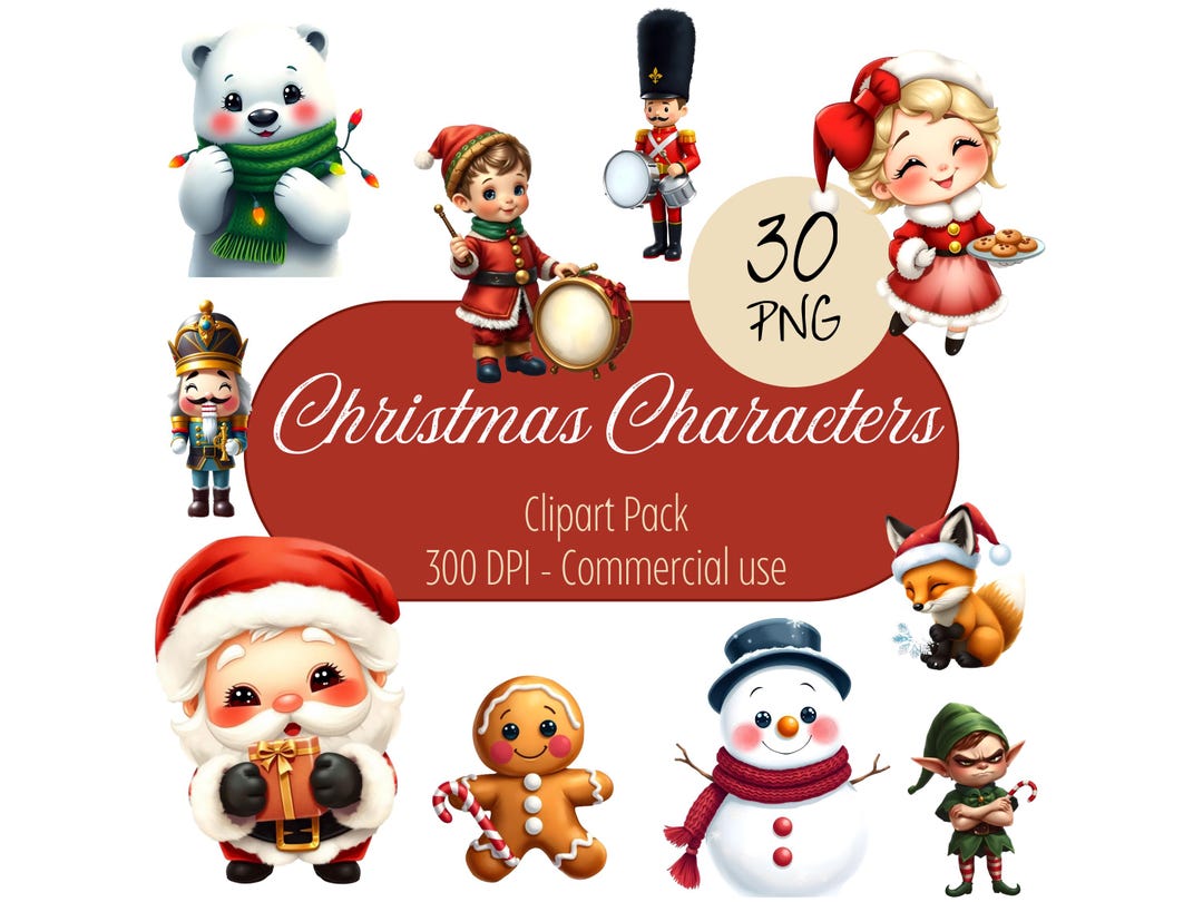 Watercolor Christmas Characters Clipart Bundle, 30 PNG Cute Holiday ...