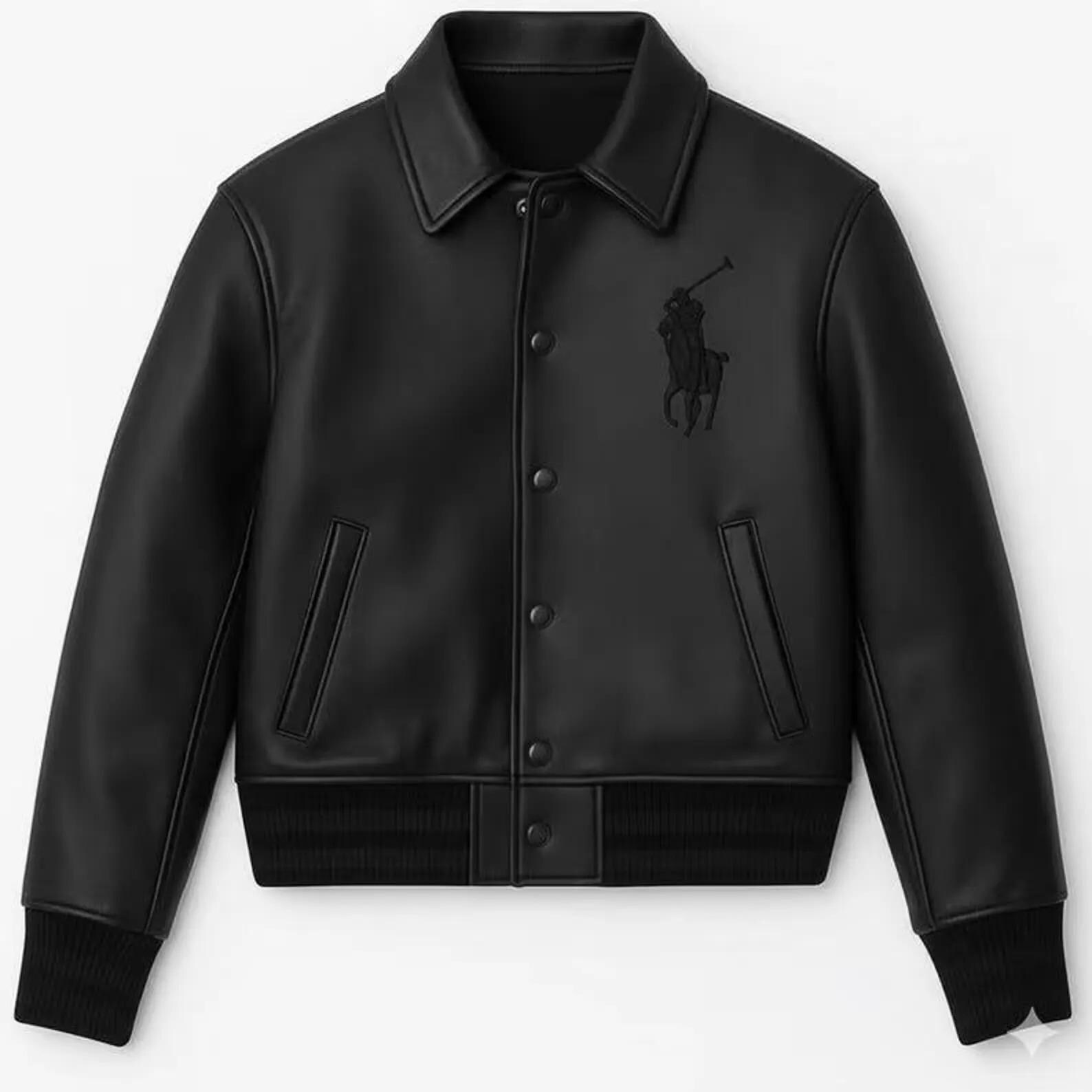 Men's Polo Ralph Lauren Black Motorcycle Varsity Genuine Leather Biker ...