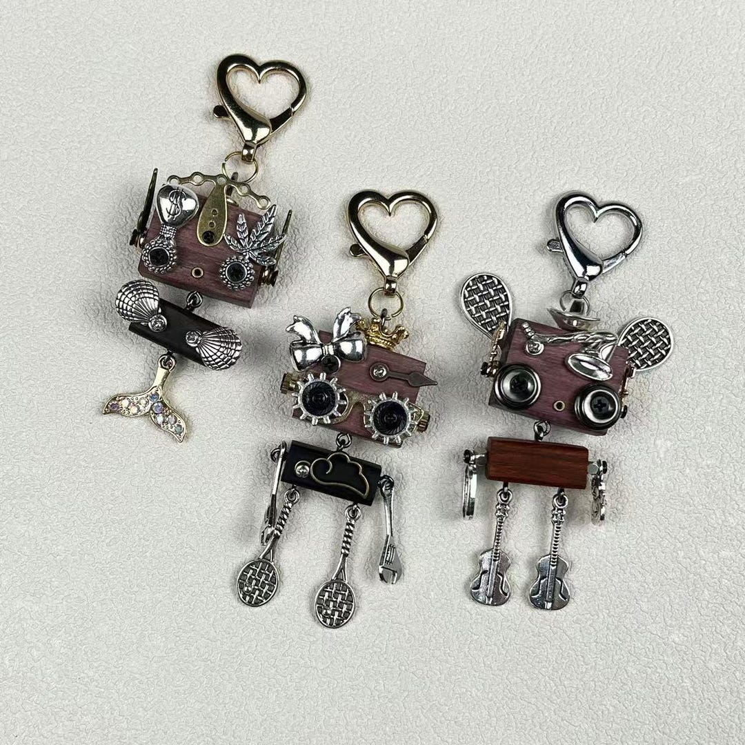 Handmade Wooden Robot Keychain, Retro Mechanical Charm,steampunk Robot ...