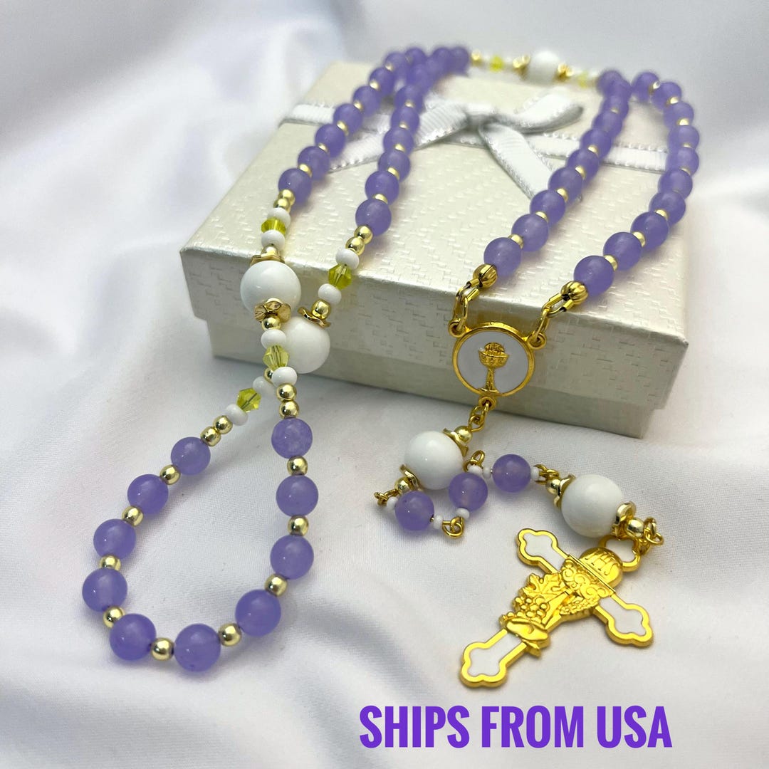 Purple First Holy Communion Rosary: Gold Eucharistic Chalice and Cross ...