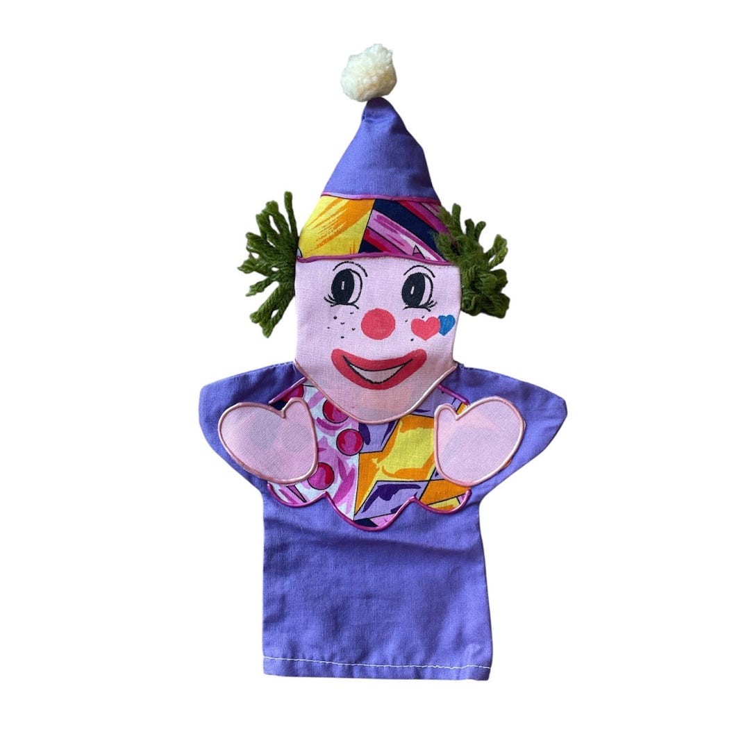 Vintage Handmade Clown Hand Puppet With Yarn Hair and Puff Paint Pom ...