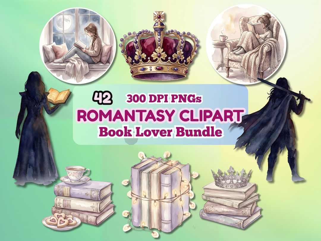Romantasy Book Lover Clipart Bundle PNG, Coquette Fantasy Reader ...