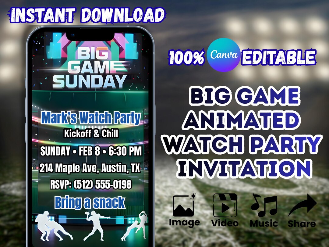 Super Bowl Watch Party Invitation Template | Animated Canva Mobile ...