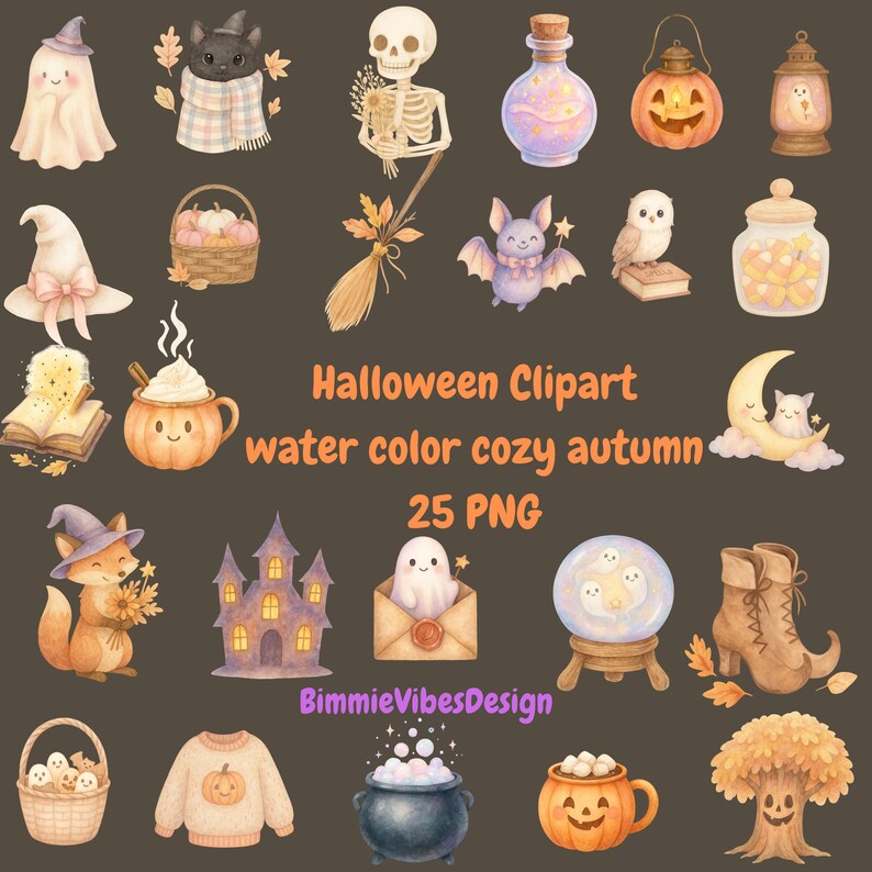 50 Cute Halloween Clipart Bundle, Watercolor PNG - Etsy