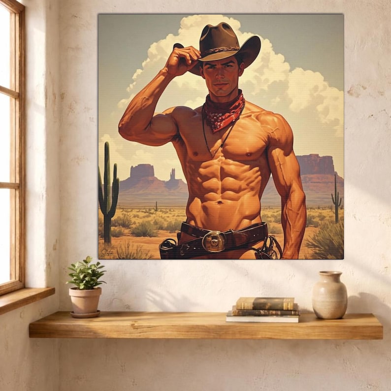 Desert Cowboy Wall Art Vintage Western Muscle Man Canvas Print Retro ...
