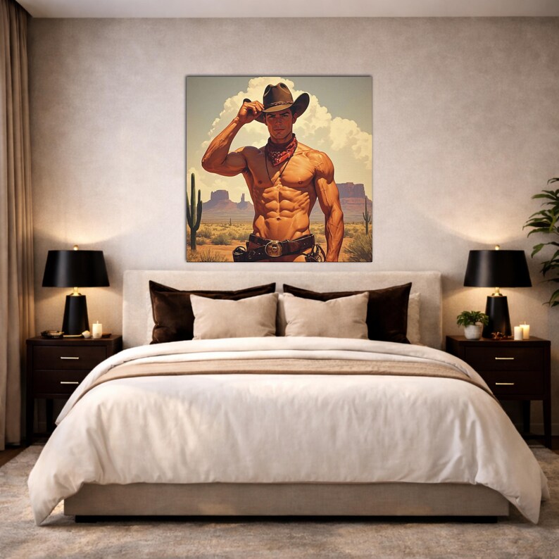 Desert Cowboy Wall Art Vintage Western Muscle Man Canvas Print Retro ...