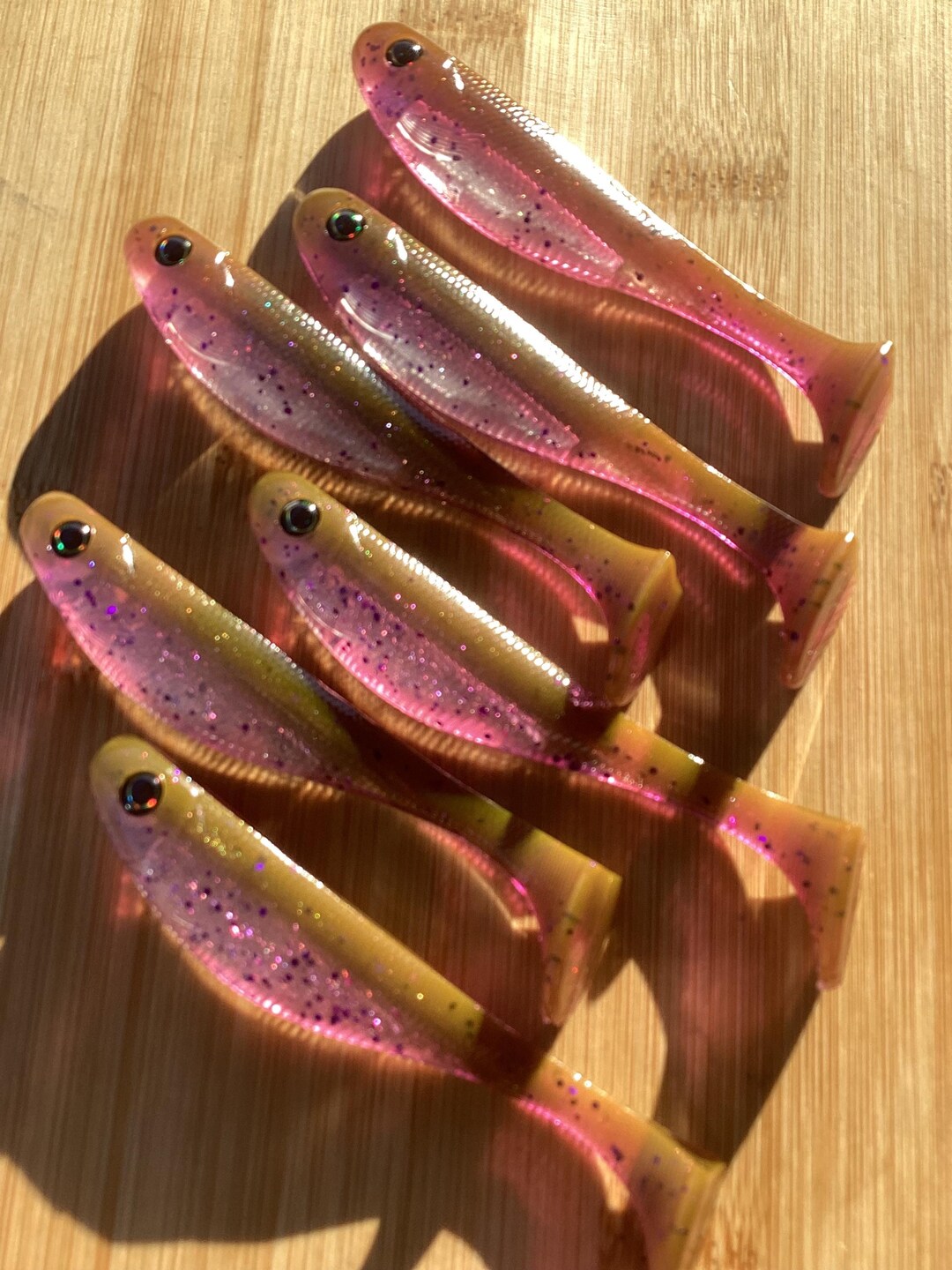 4” Swim Bait Hand Poured Soft Plastic, Clear Belly, Brown to Purple Top ...