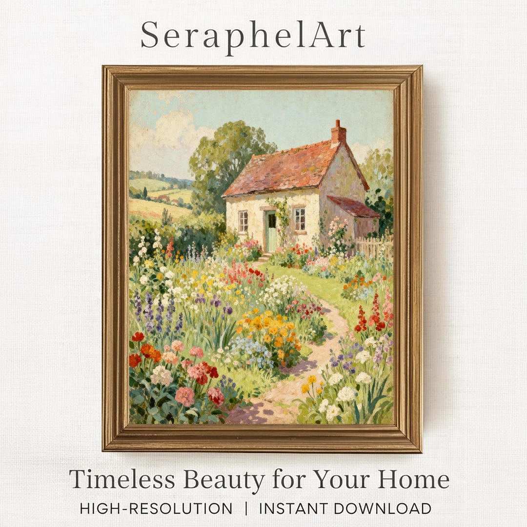 Vintage Floral Cottage Garden Wall Art Print | Seraphelart Digital ...