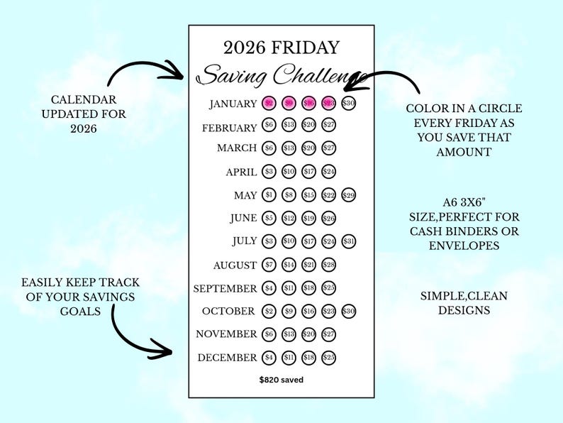 2026 Friday Savings Challenge Printable | A6 Cash Stuffing Savings ...