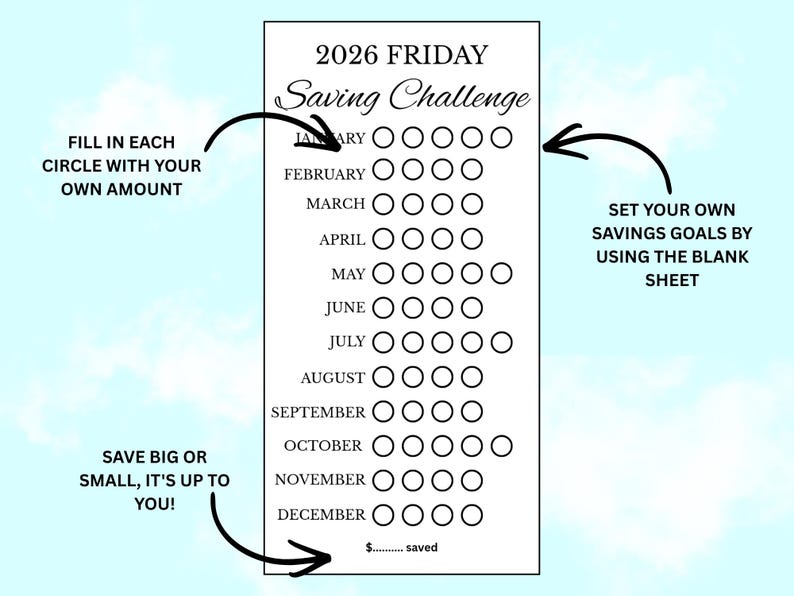2026 Friday Savings Challenge Printable | A6 Cash Stuffing Savings ...