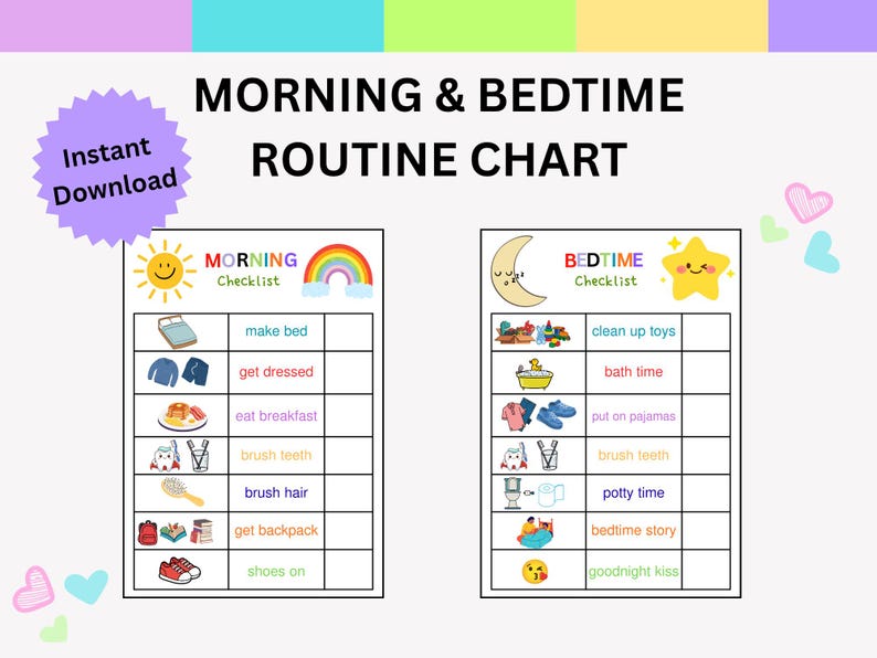 Morning and Bedtime Routine Chart for Kids | Daily Visual Checklist ...