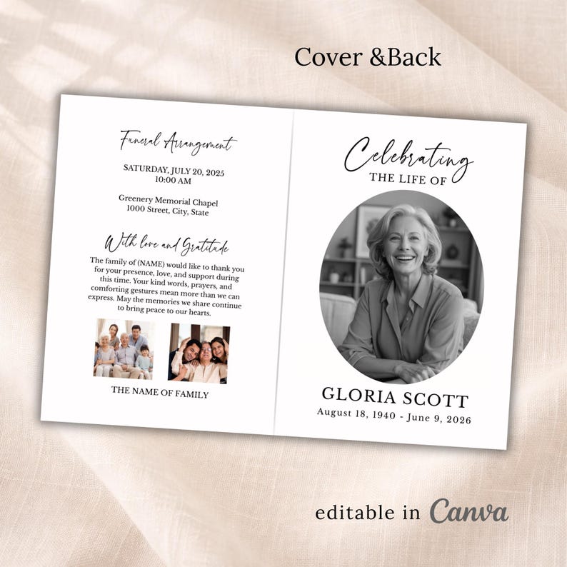 Minimalist Celebration of Life Program Template (canva), Memorial ...