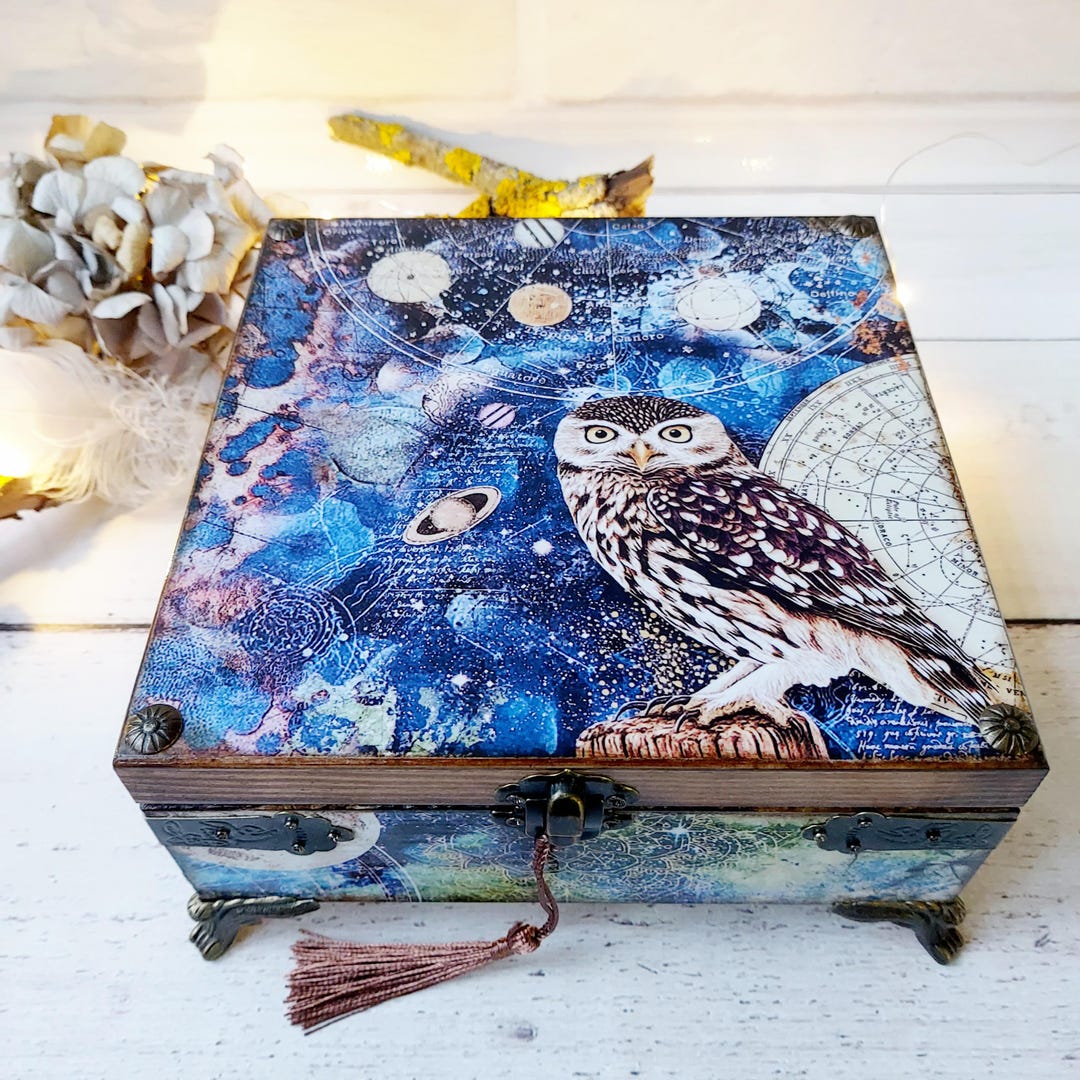 Astronomy Owl Jewelry Box: Handmade Decoupage Wooden Box - Etsy