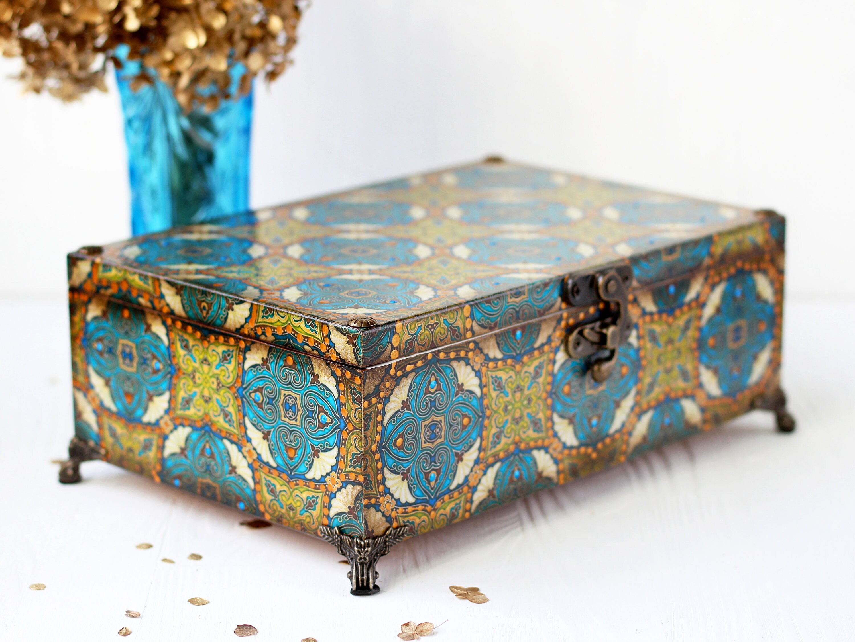Handmade Decoupage Tea Box: Blue & Green Tile Style, 6 Compartment - Etsy
