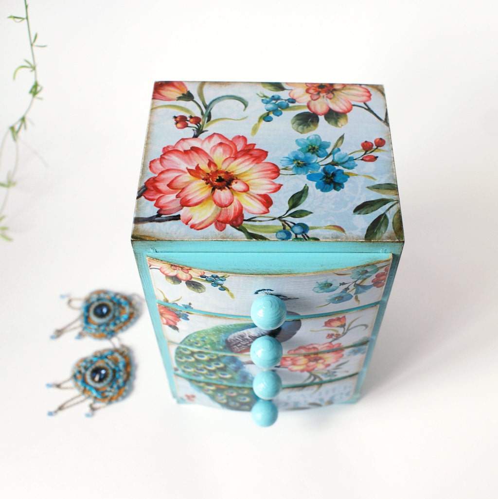 Peacock Feather and Flowers Aqua Blue Mini Wooden Chest - Etsy