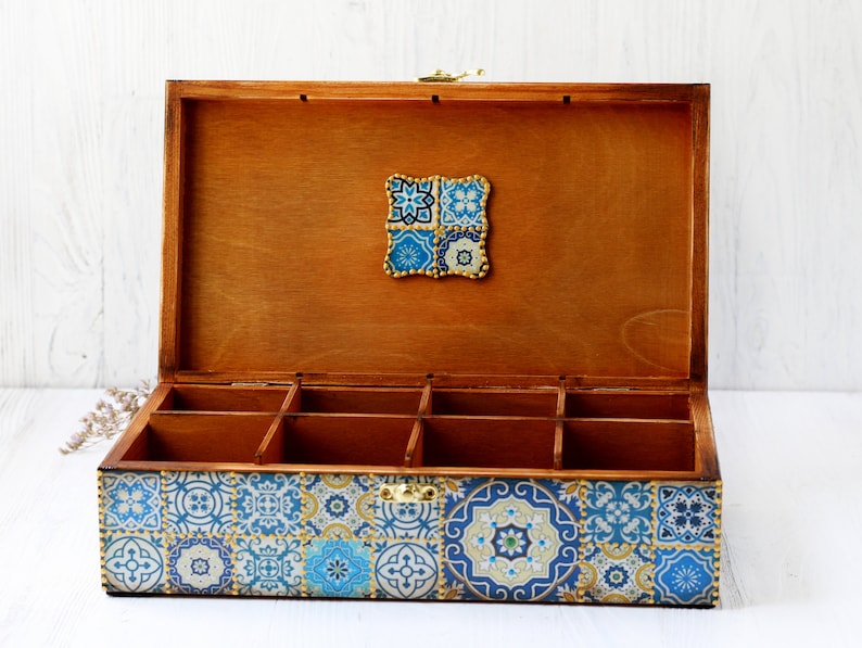 Tea Box Azulejos Portugueses Tiles Style 8 compartment tea | Etsy