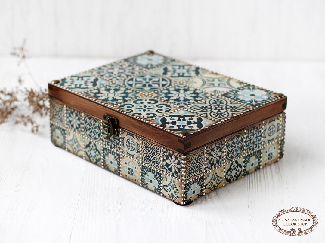 Azulejos Portugueses Tile Tea Box: Handmade Decoupage Wood Storage - Etsy