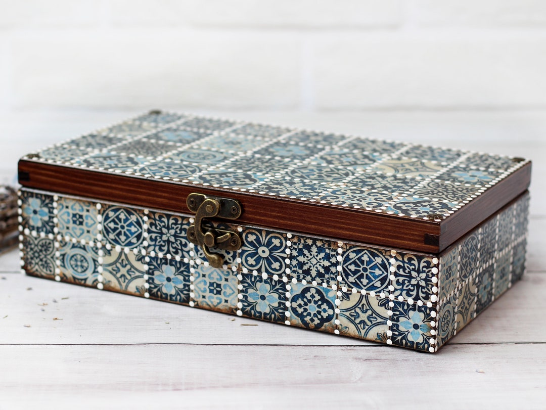 Azulejos Portugueses Tile Tea Box: Decoupage Wooden Tea Caddy - Etsy