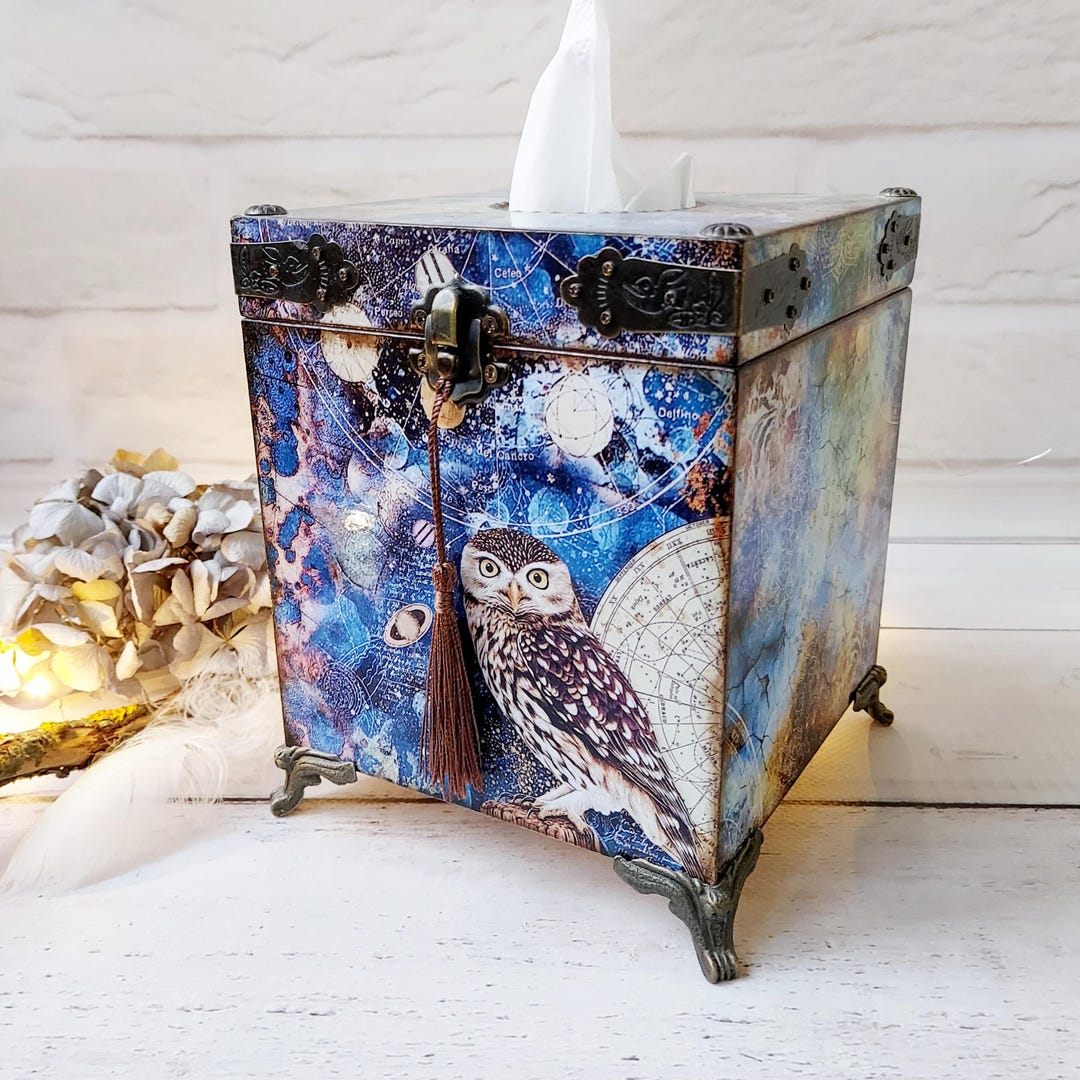 Tissue Box Cover Astronomy Style With Owl and Stars, Tissue Box Holder ...