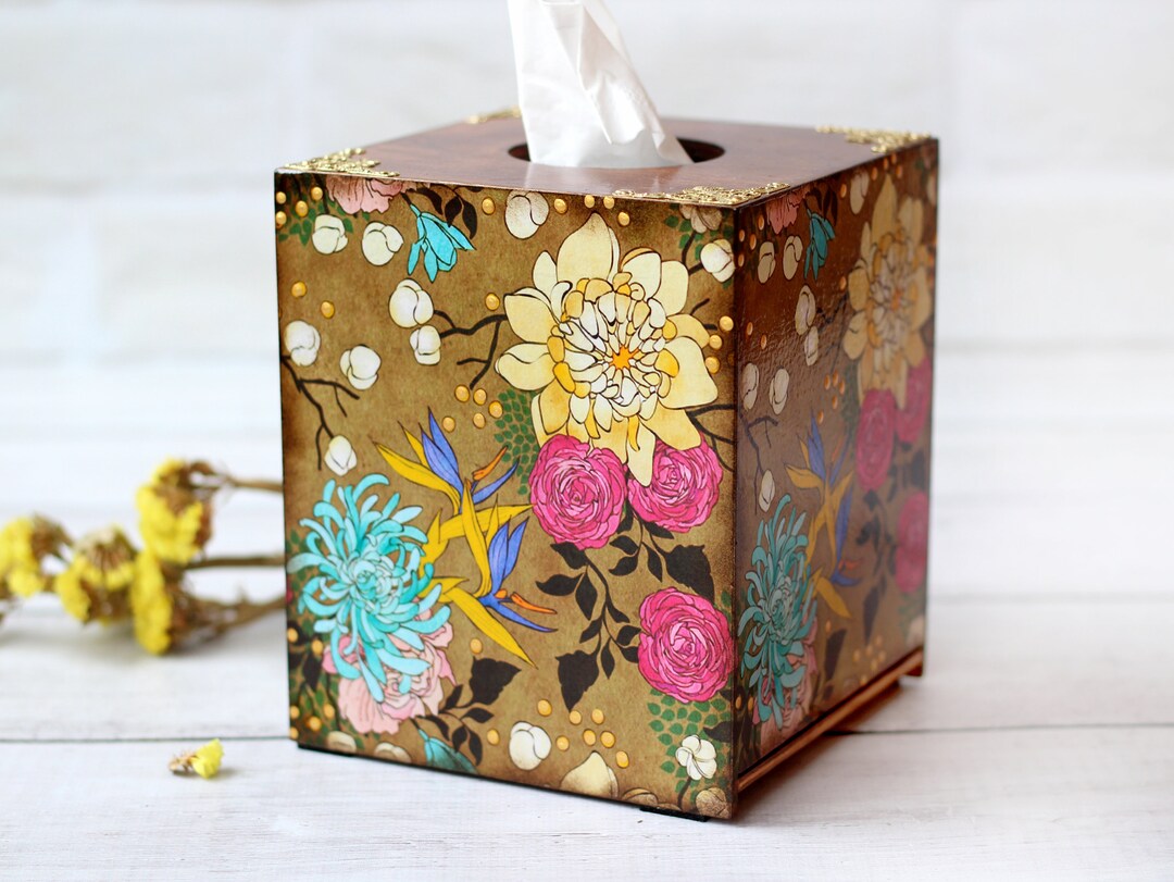 Tissue Box Cover Pink Flowers and Chrysanthemums , Digital Vintage ...