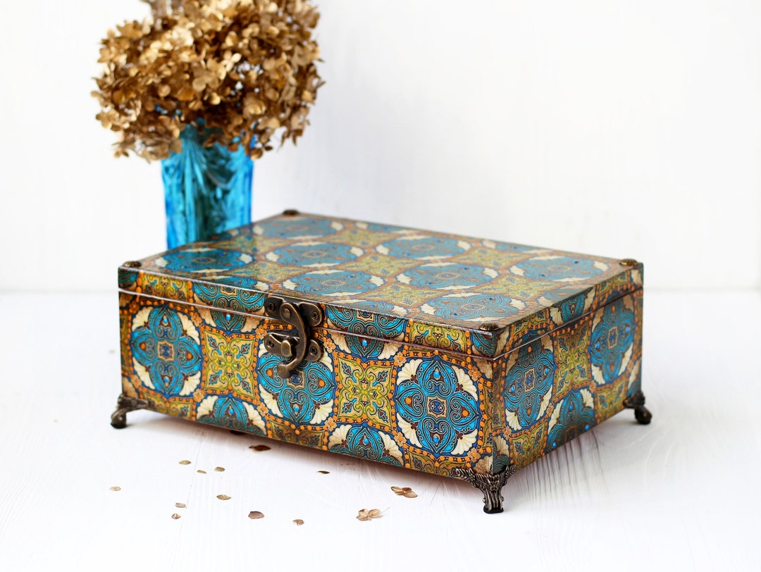 Handmade Decoupage Tea Box: Blue & Green Tile Style, 6 Compartment - Etsy