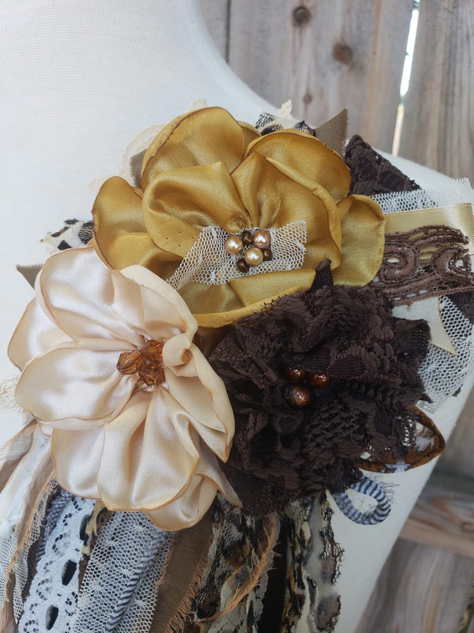 Classy Jungle Upcycled Fabric Flower / Cream Brown Gold Lace / Brooch ...
