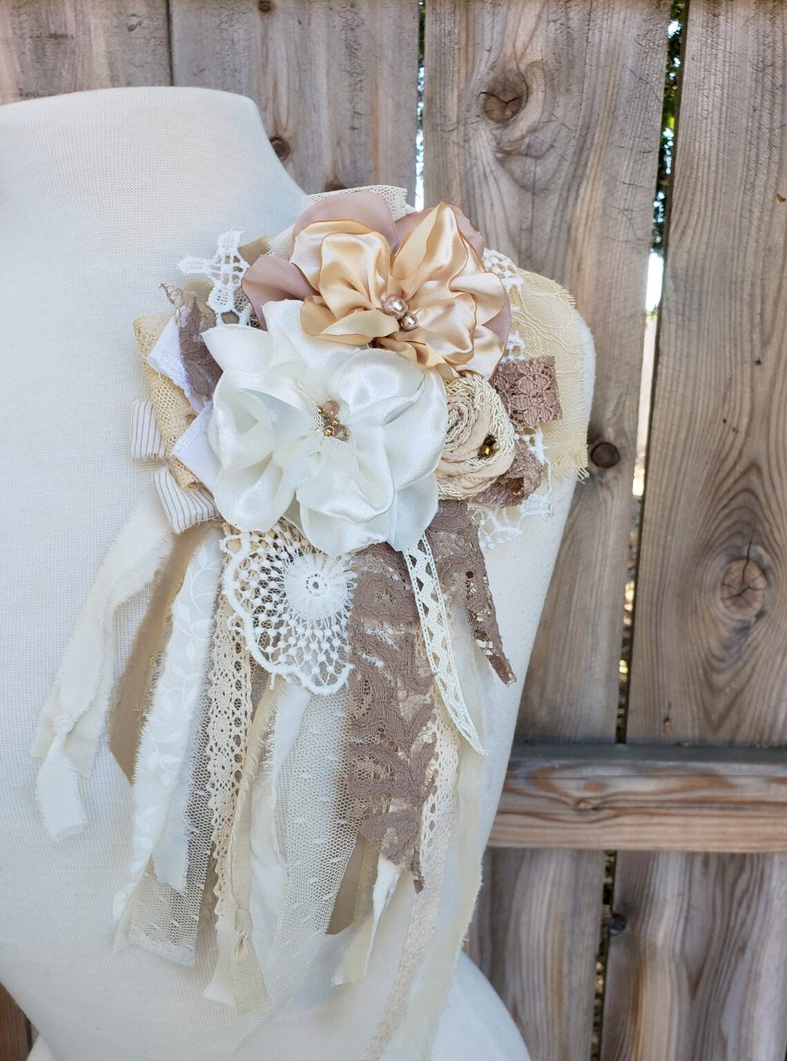Vintage Elegance Upcycled Flower Pin Cream / Taupe / White Lace Fabric ...