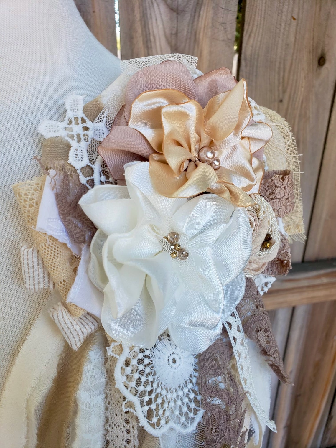 Vintage Elegance Upcycled Flower Pin Cream / Taupe / White Lace Fabric ...