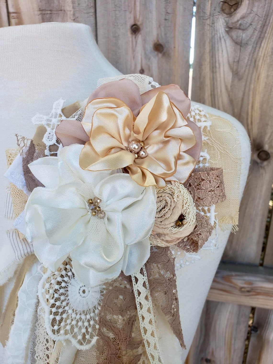 Vintage Elegance Upcycled Flower Pin Cream / Taupe / White Lace Fabric ...