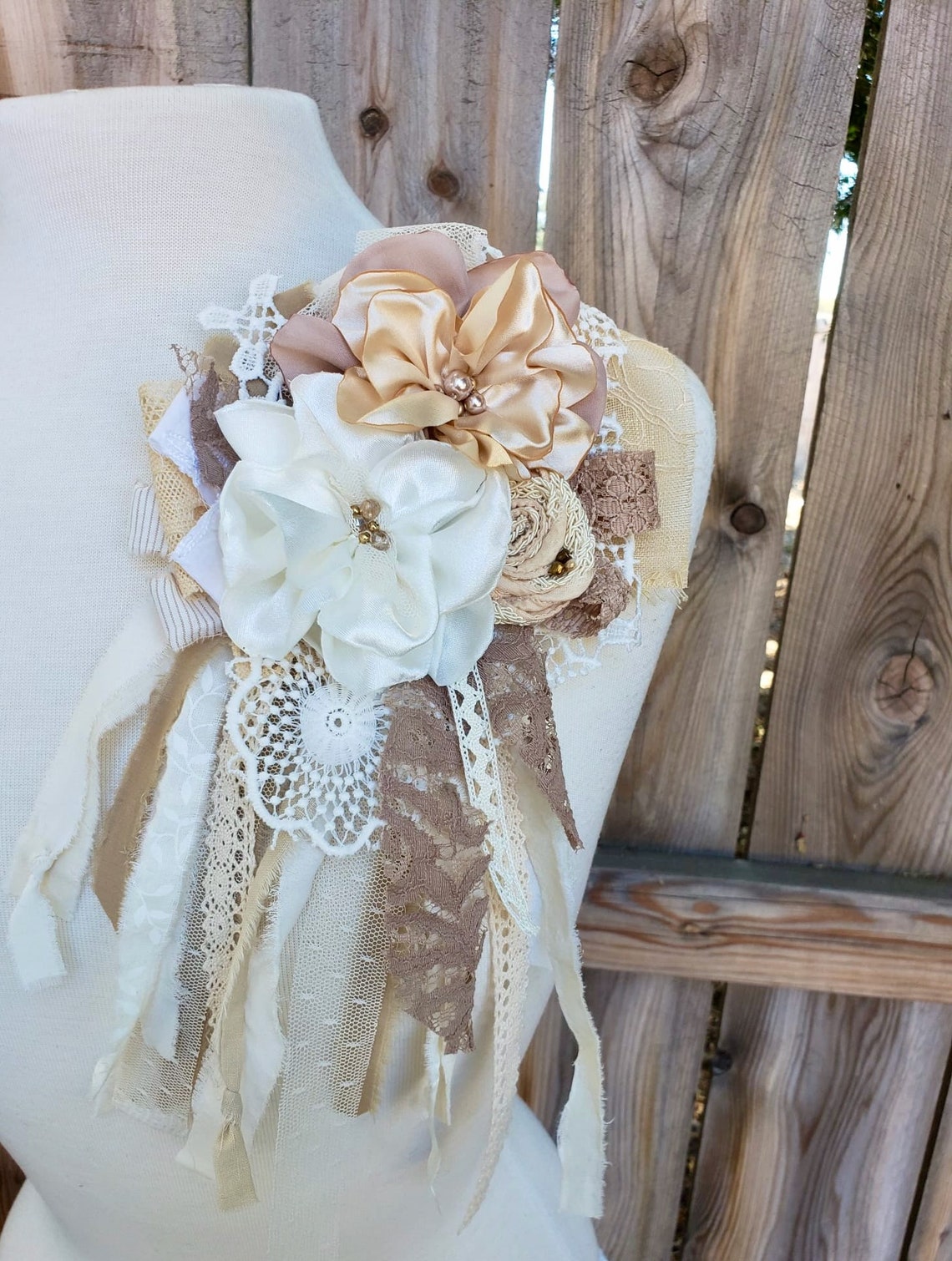 Vintage Elegance Upcycled Flower Pin Cream / Taupe / White Lace Fabric ...