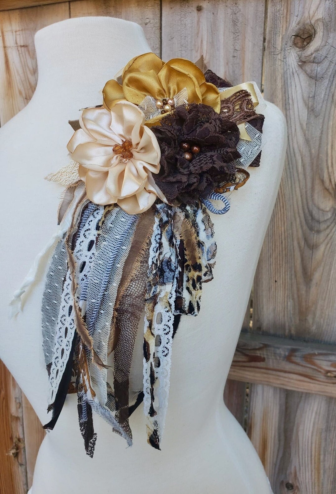 Classy Jungle Upcycled Fabric Flower / Cream Brown Gold Lace / Brooch ...