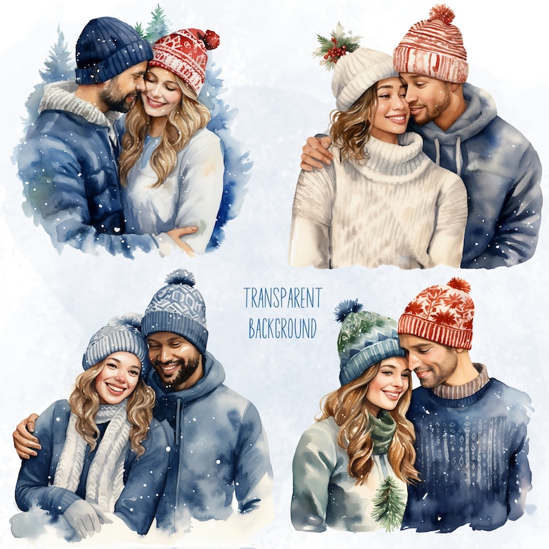 Watercolor Christmas Couple Clipart, Cozy Winter Love Bundle, Lovers ...