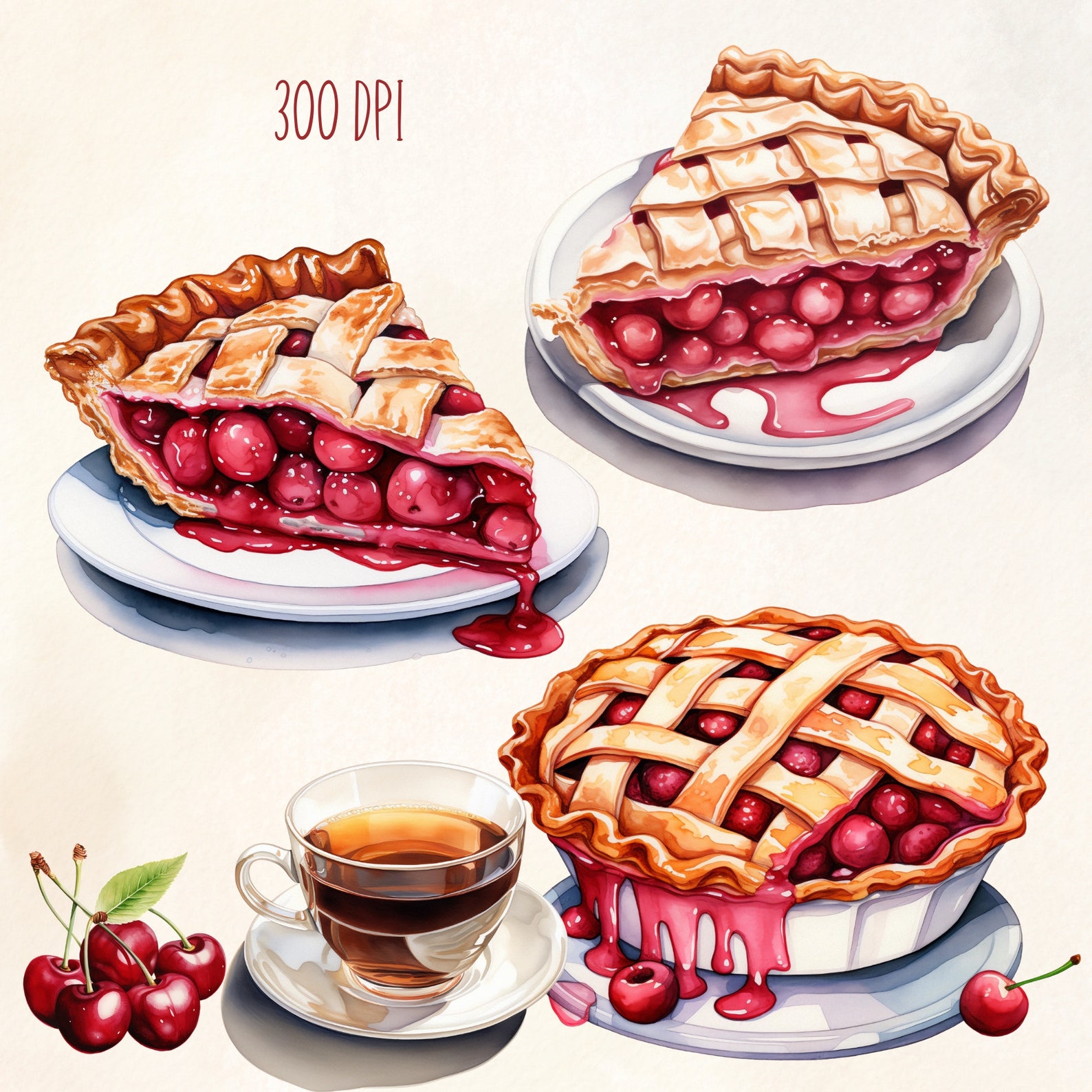 Cherry Pie Clipart Bundle, Watercolor Fall Png, Autumn Desserts ...