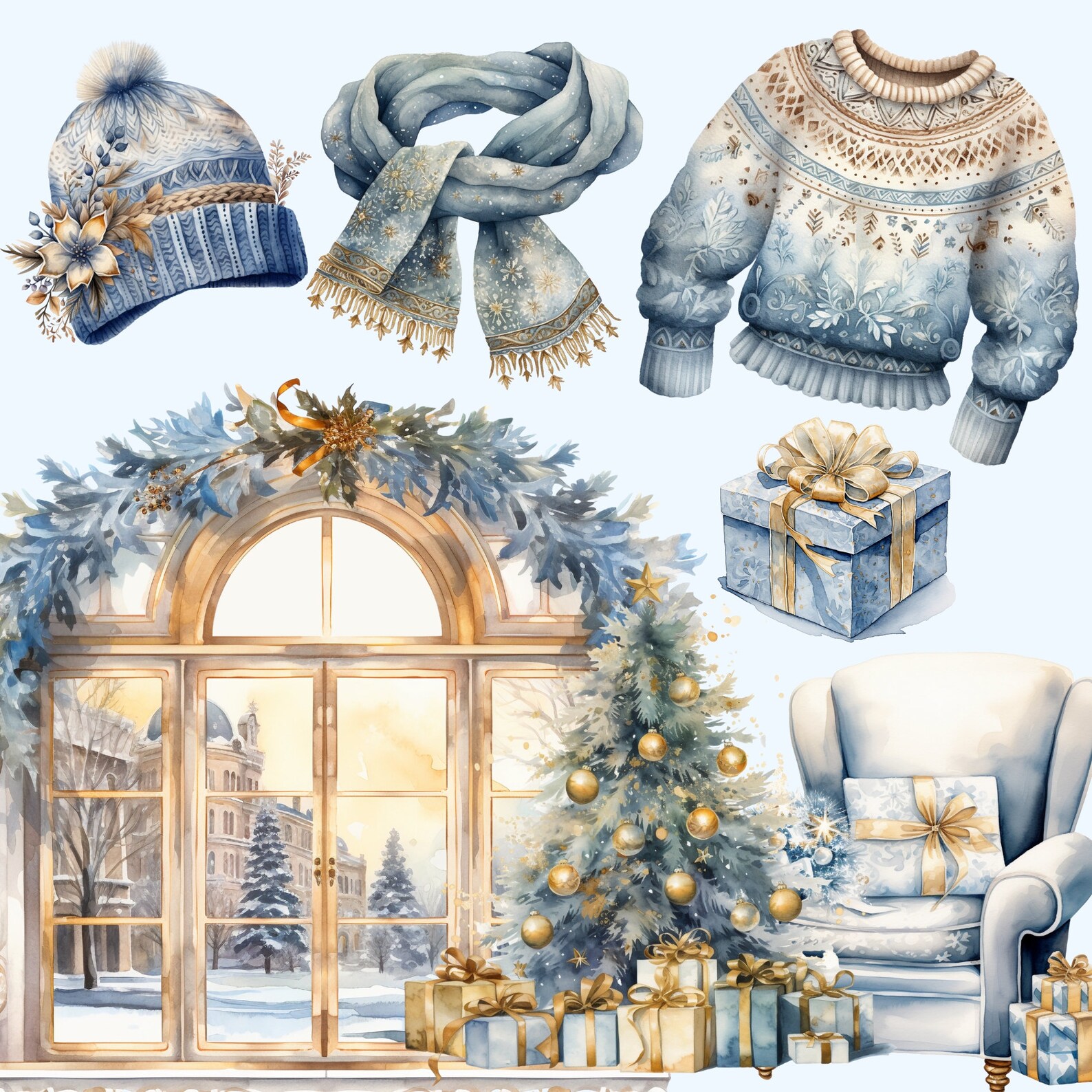 Cozy Winter Clipart Bundle, Christmas Png, Watercolor Sweater ...