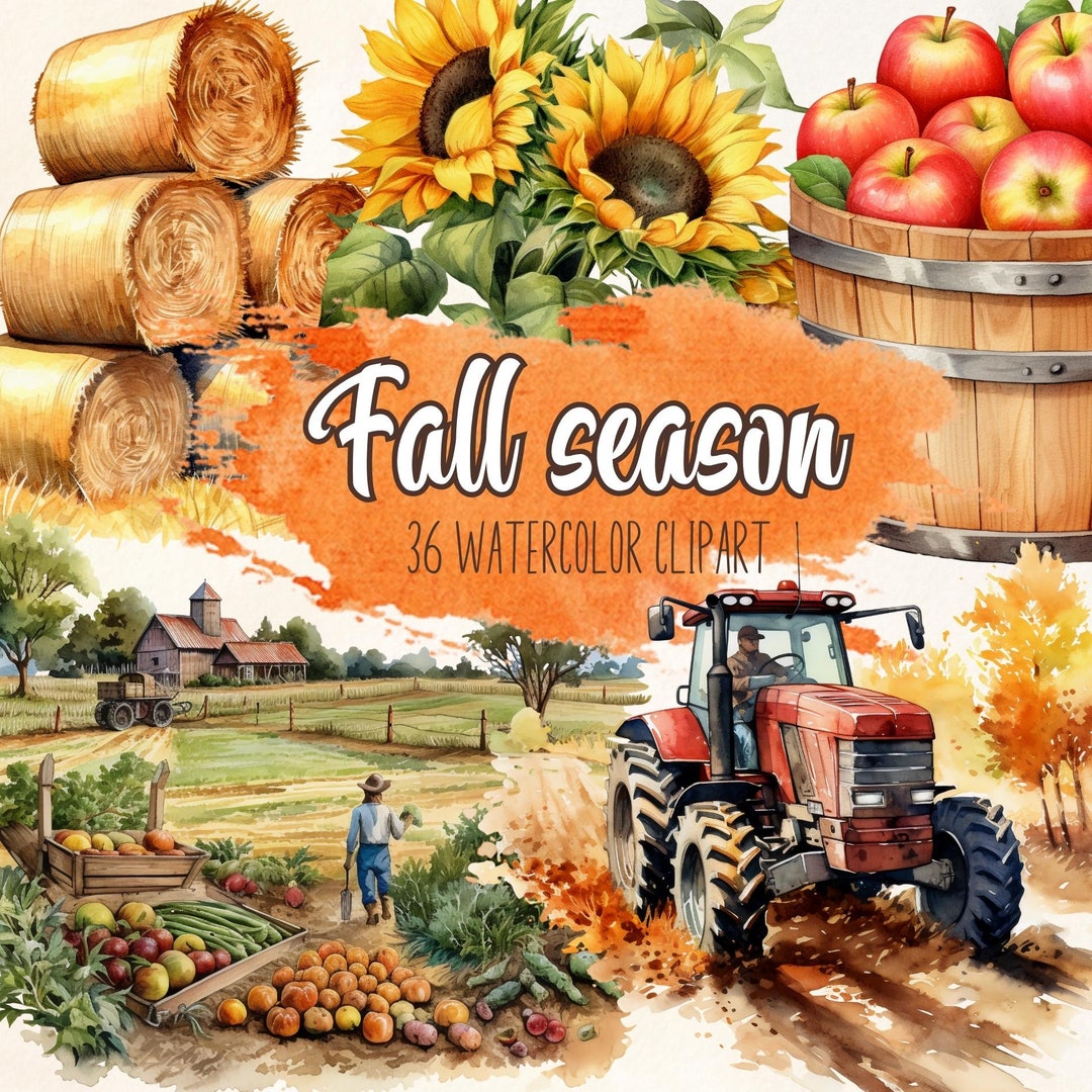 Watercolor Fall Clipart Bundle, Cozy Autumn Png, Pumpkin Scenery ...