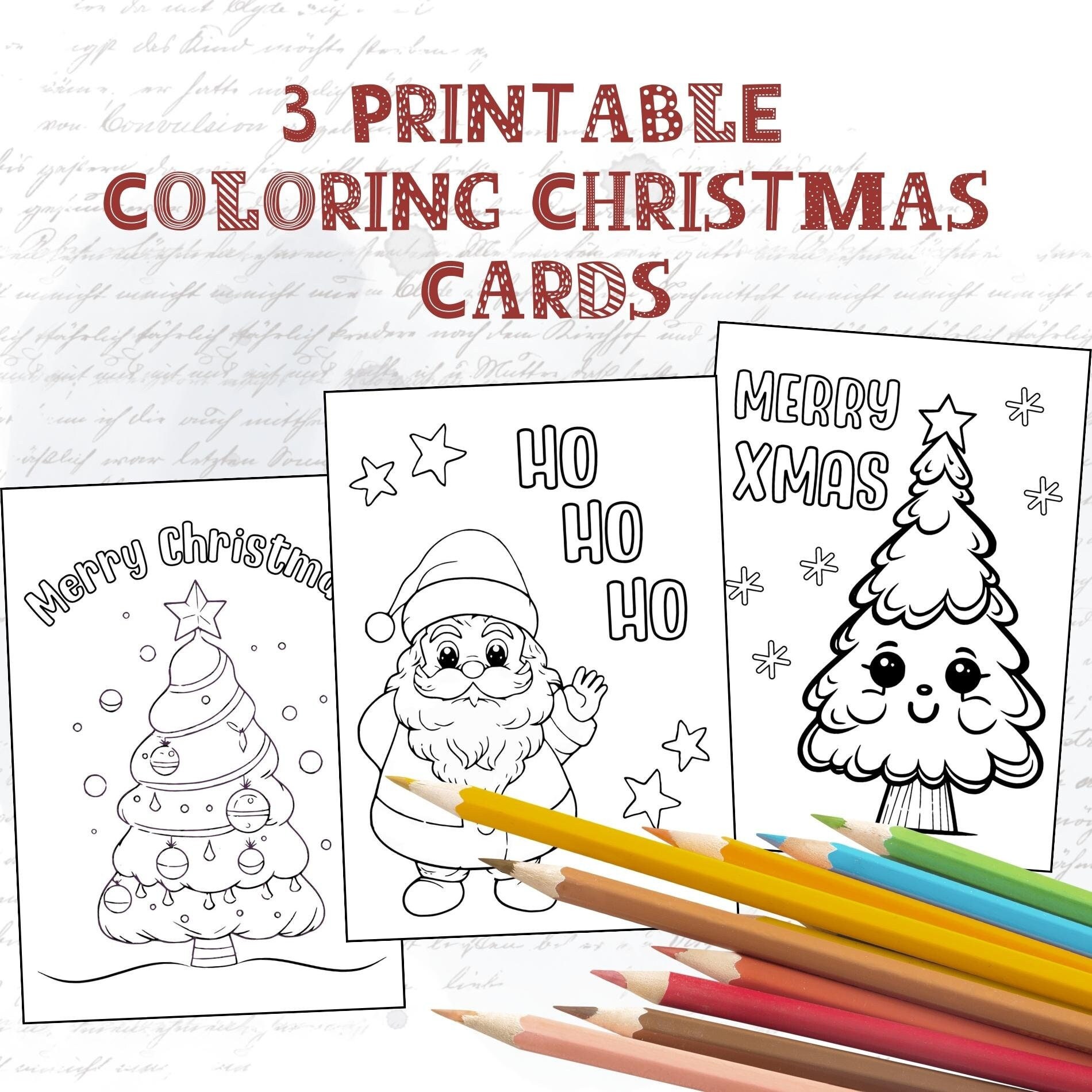Printable Coloring Christmas Card, Colouring Xmas Cards Bundle, Color ...
