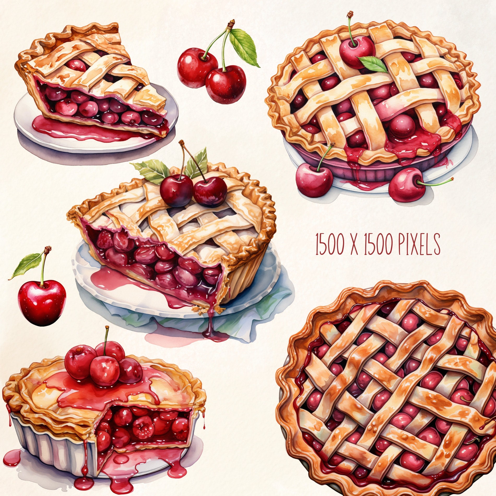 Cherry Pie Clipart Bundle, Watercolor Fall Png, Autumn Desserts ...