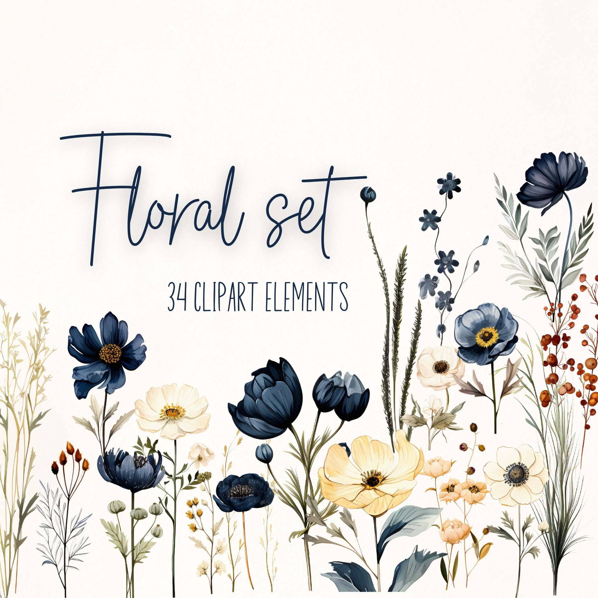 Flowered Clipart Set Bundle Wildflowers Bouquet Individual - Etsy