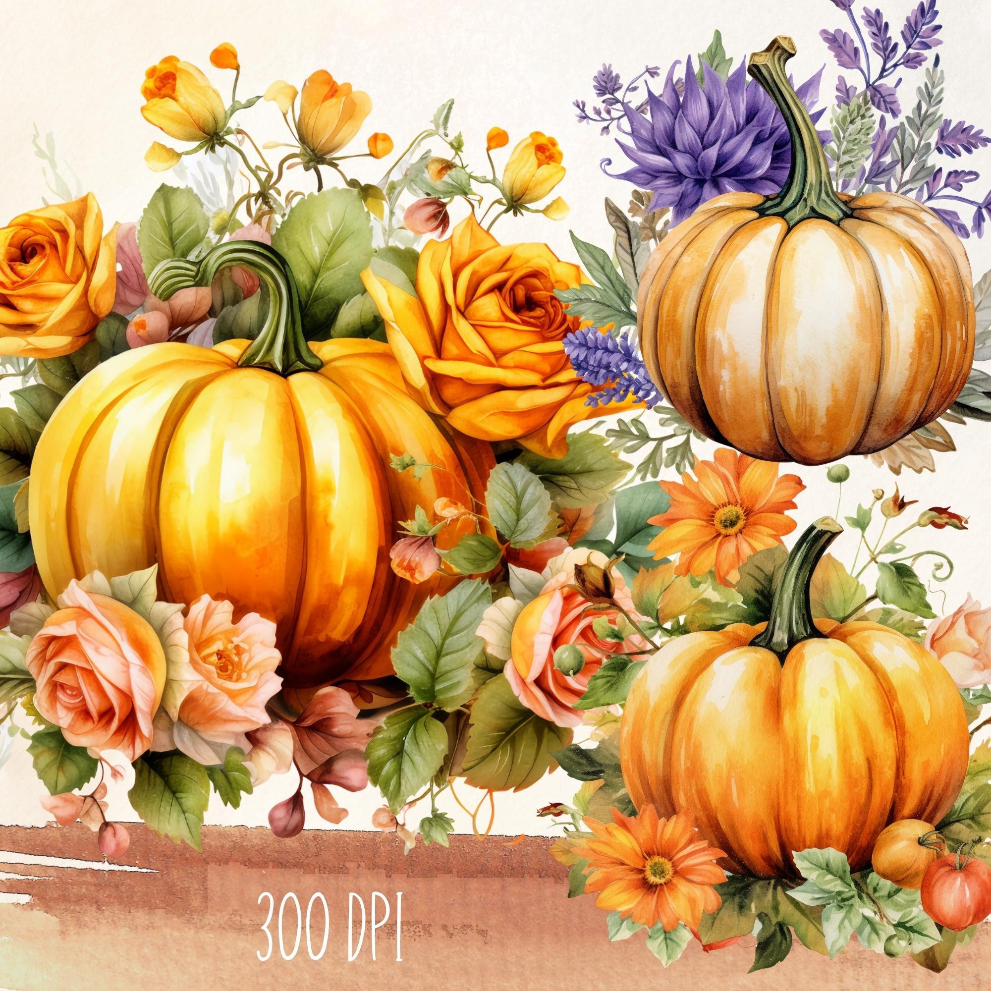 Pumpkin Clipart, Flowers Clipart, Watercolor Illustration, Commercial ...