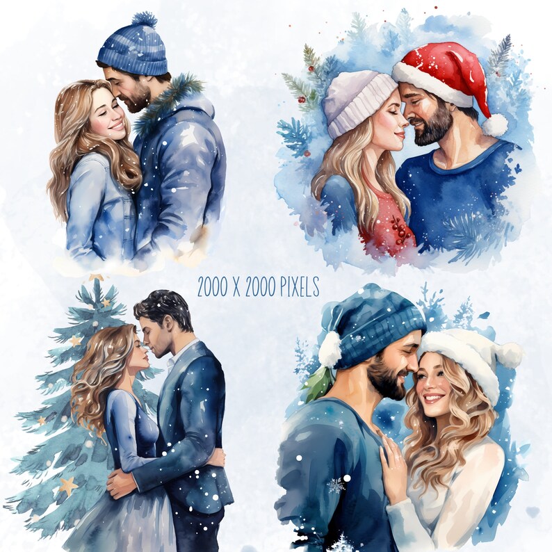 Watercolor Christmas Couple Clipart, Cozy Winter Love Bundle, Lovers ...