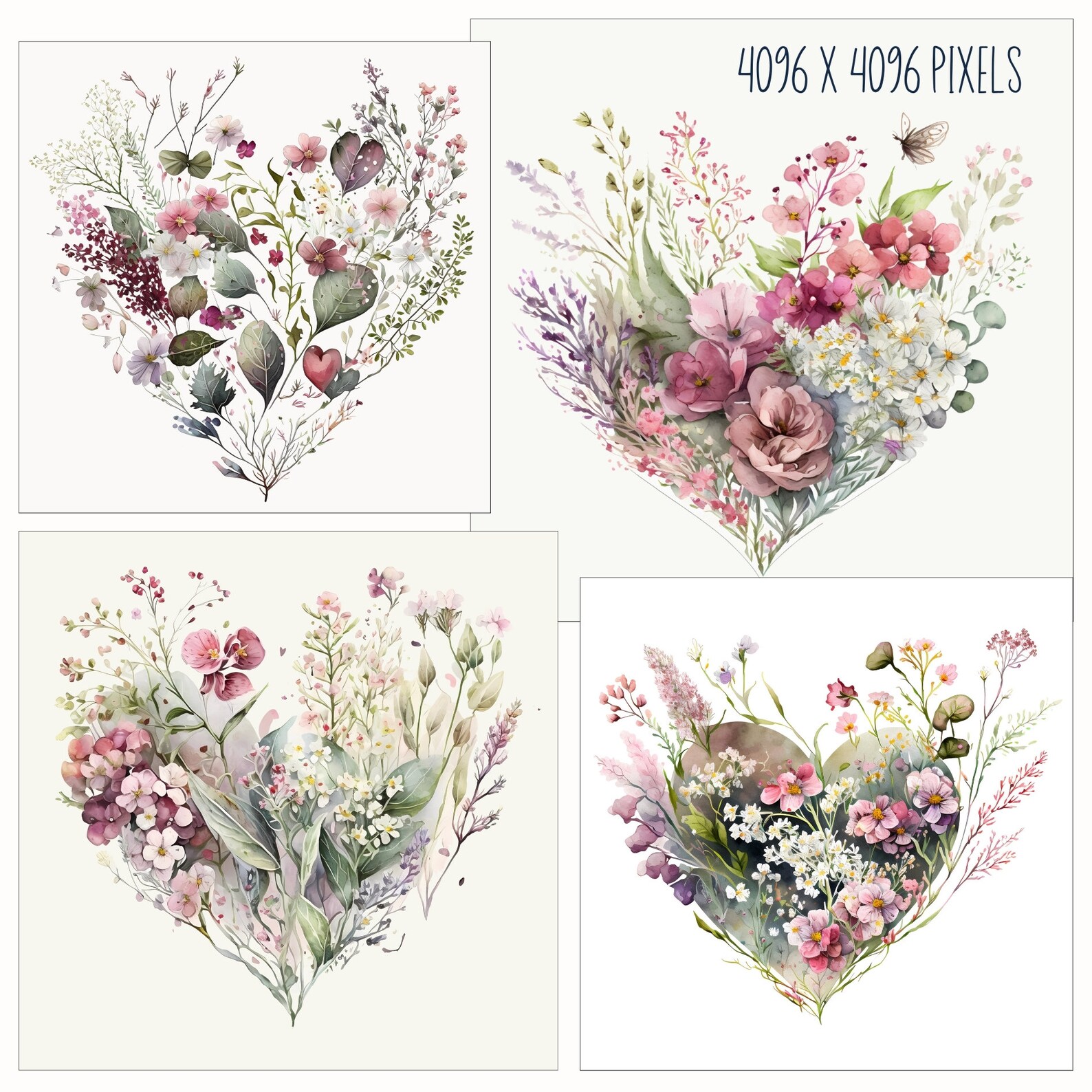 Watercolor Floral Heart Clipart, Flowered Love Bundle, Wildflowers Jpg ...
