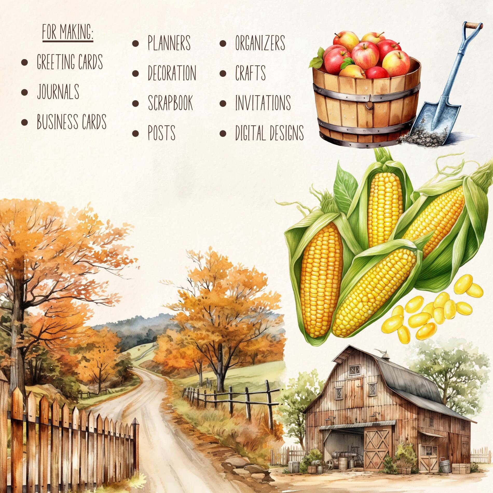Watercolor Fall Clipart Bundle, Cozy Autumn Png, Pumpkin Scenery ...
