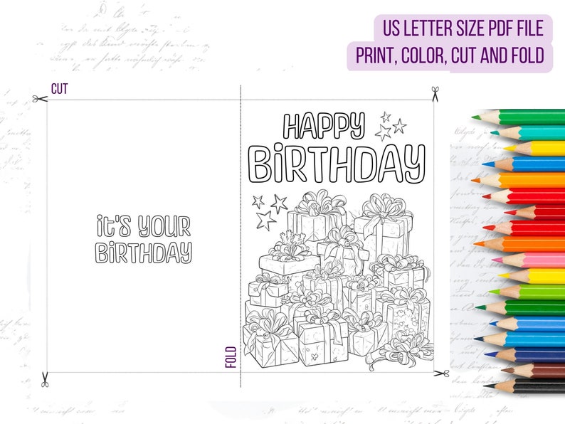 Printable Coloring Birthday Card, DIY Card for Kids, Black and White ...