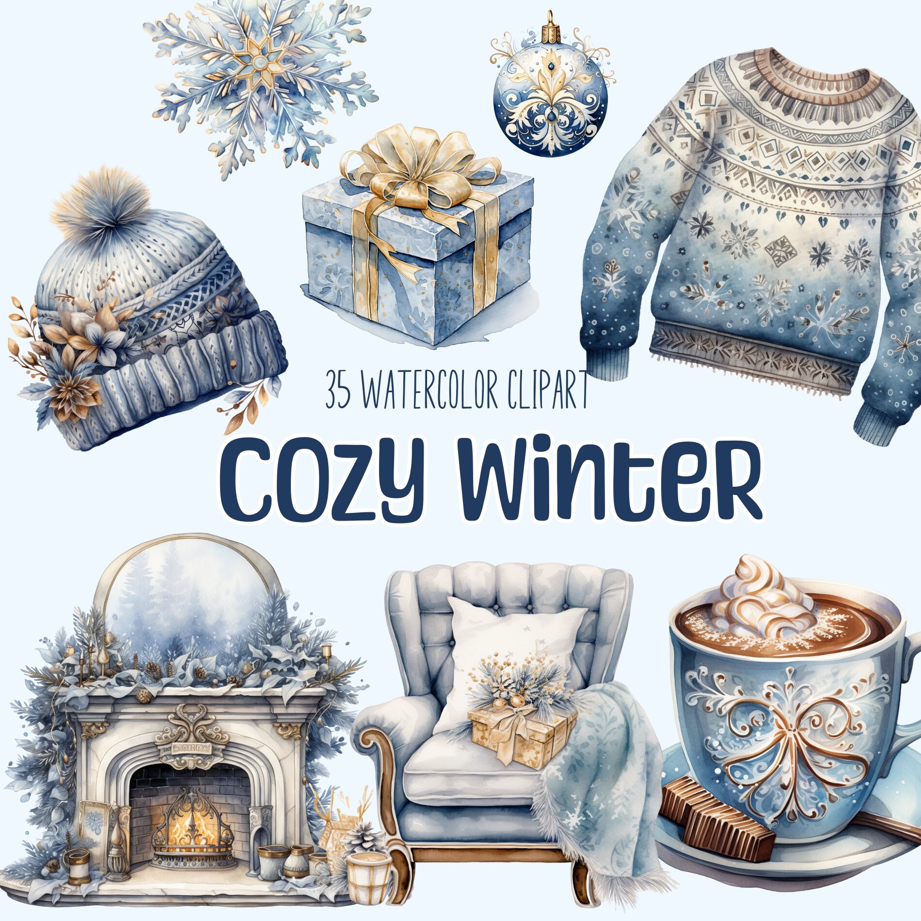 Cozy Winter Clipart Bundle, Christmas Png, Watercolor Sweater ...