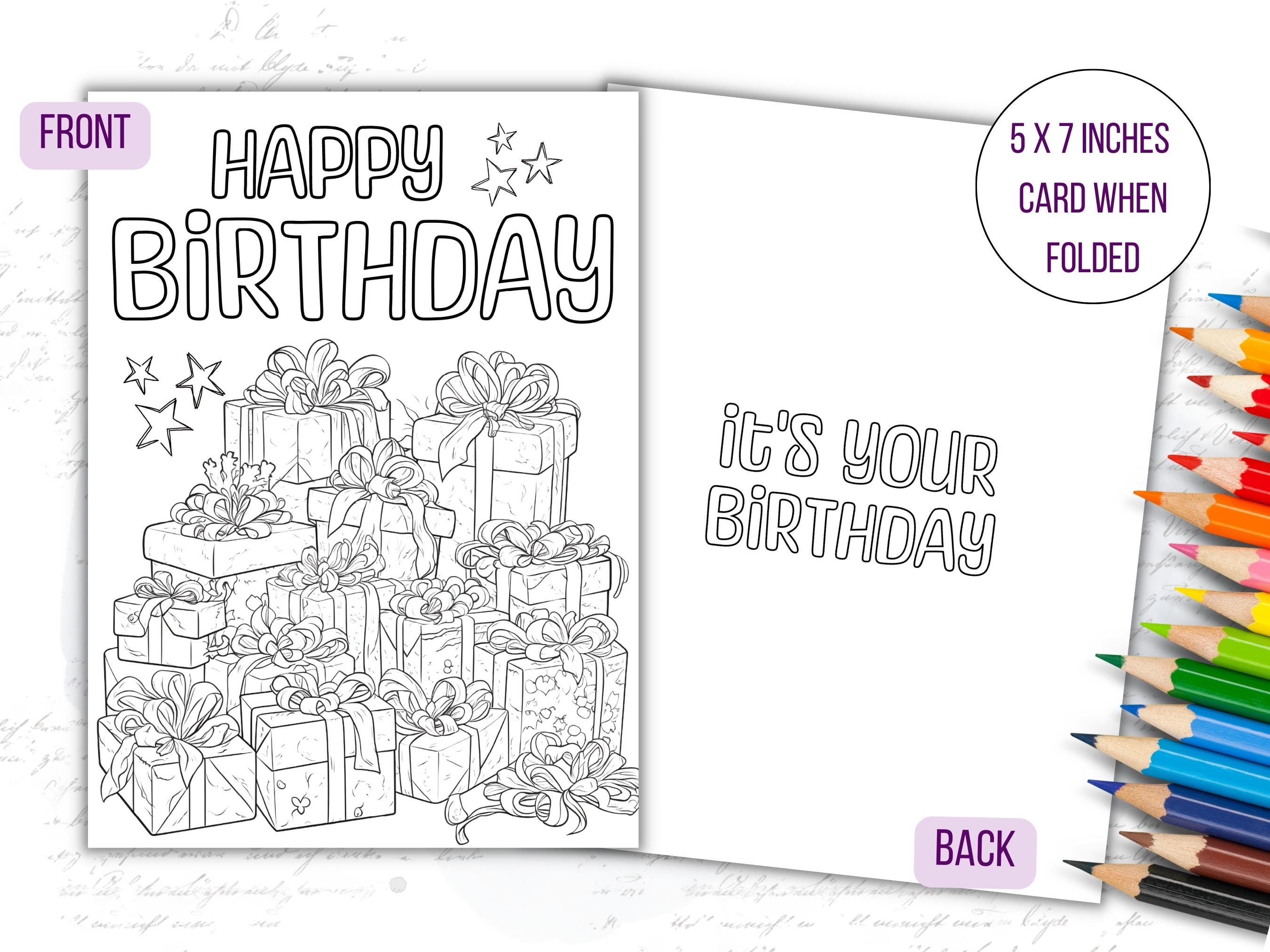 Printable Coloring Birthday Card, DIY Card for Kids, Black and White ...