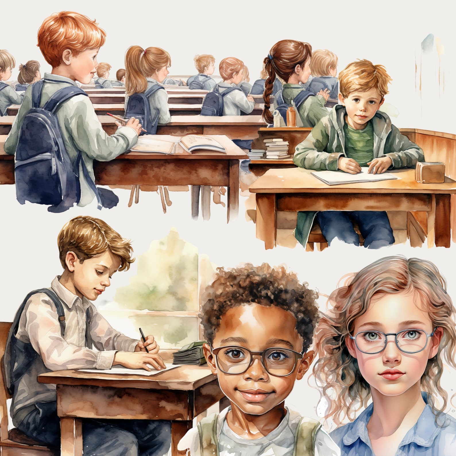 Back to School Clipart, Students Png Bundle, Watercolor Fall Classroom ...