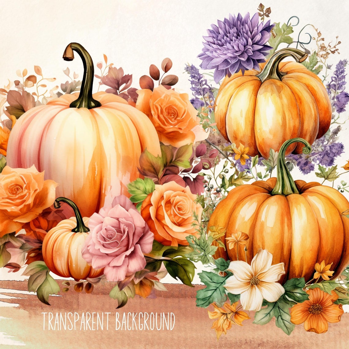 Pumpkin Clipart, Flowers Clipart, Watercolor Illustration, Commercial ...